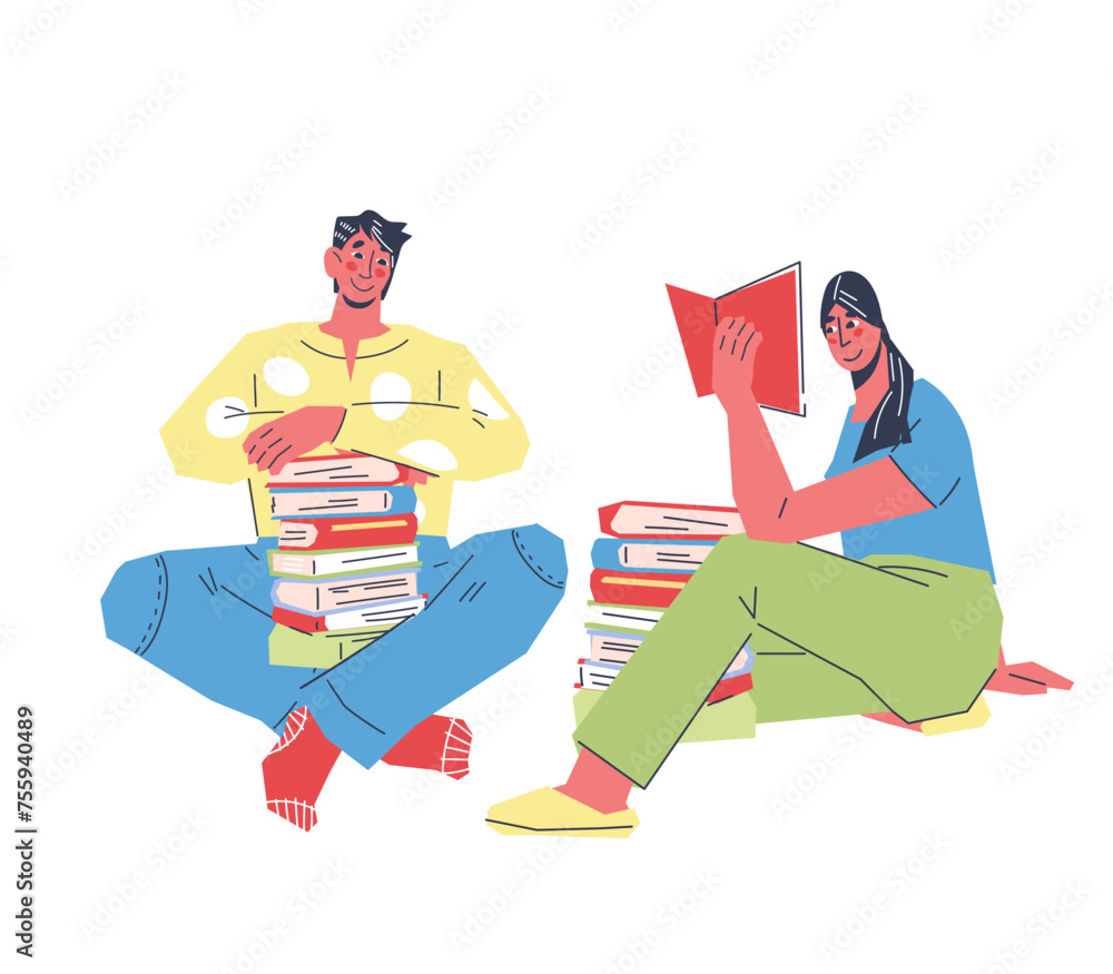 People reading books, gaining knowledge and expanding education, flat ...