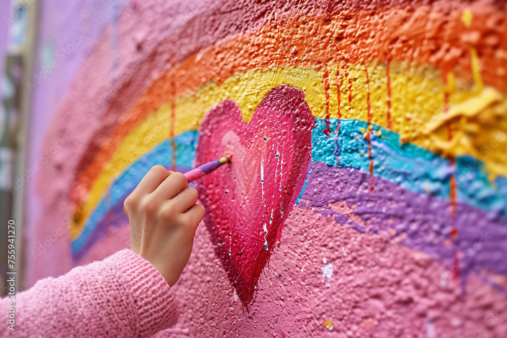 Hand drawing heart in rainbow color on the wall. LGBT pride symbol ...