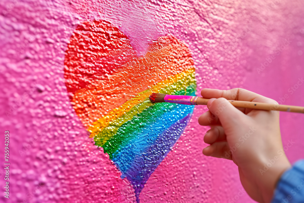 Hand drawing heart in rainbow color on the wall. LGBT pride symbol ...