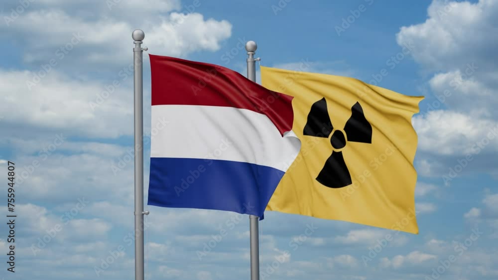 Netherlands and Radiation danger flags waving together on looped video ...