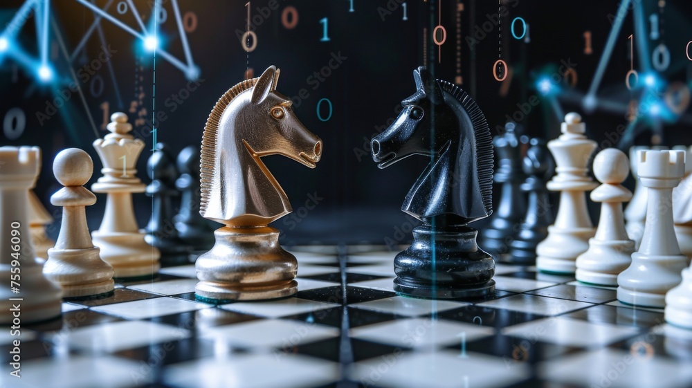 Chess pieces with digital binary code overlay - Side view of chess ...