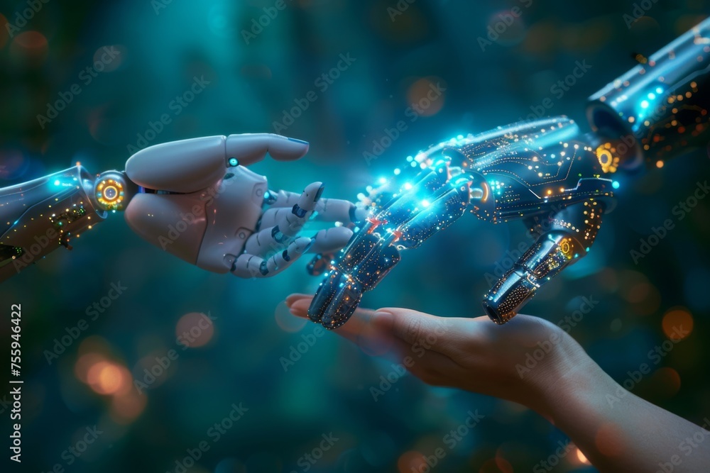 Human and robot hand touching in ethereal space - Connecting humanity ...
