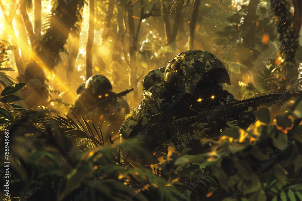 Stealth Robots in Dense Forest Combat. Design a vivid, ultra-realistic ...