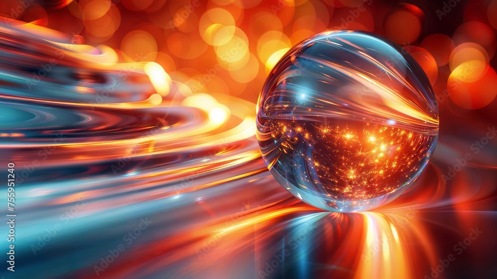 A large, transparent sphere against a backdrop of reddish-orange bokeh ...
