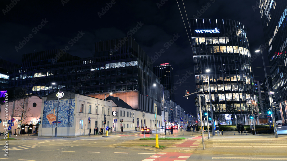 Warsaw, Poland. 6 March 2024. Night in Warsaw city center. Motion ...