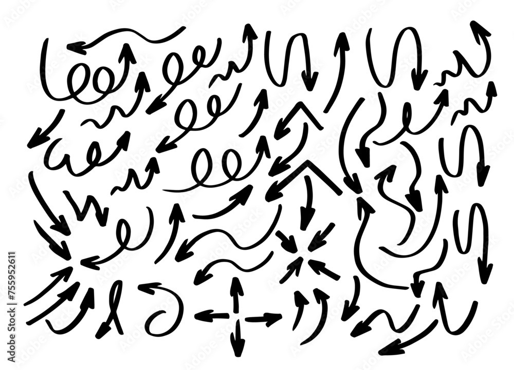 Conjunto de flechas de formas diversas, dibujadas a mano con rotulador ...