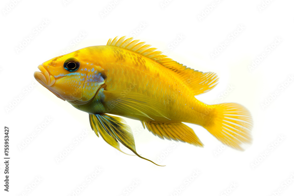 Electric yellow cichlid isolated on copy space white background ...