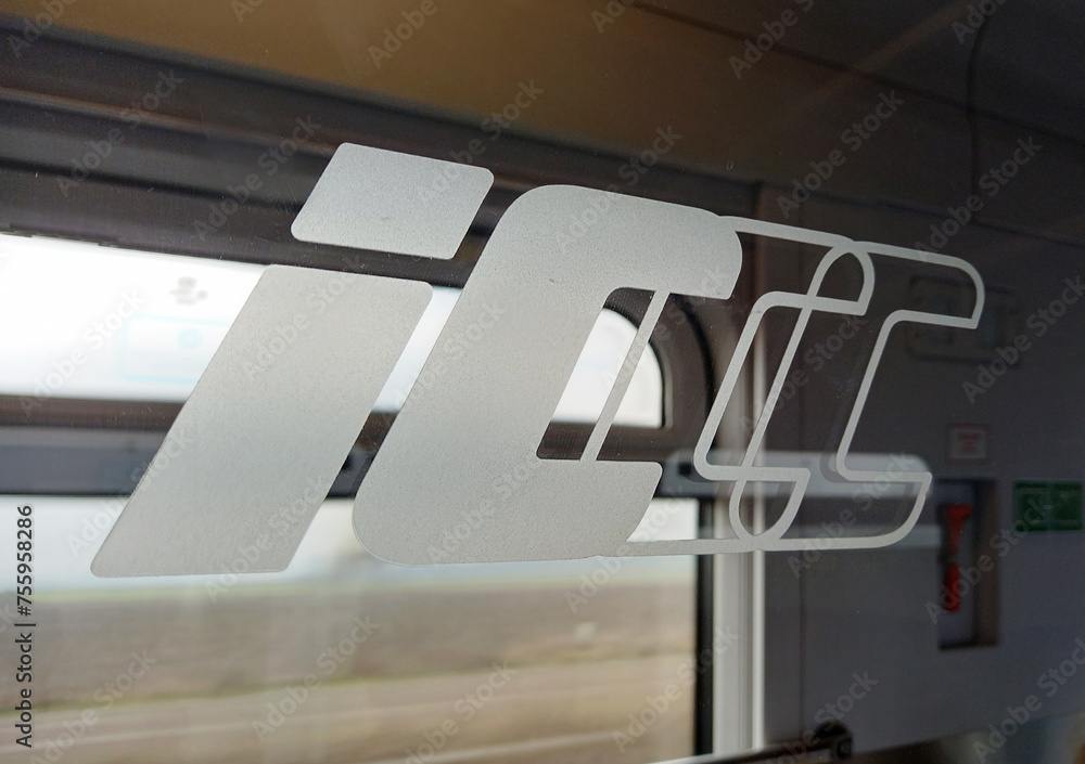 Warsaw, Poland - 10 February 2024: PKP Intercity logo inside a train ...
