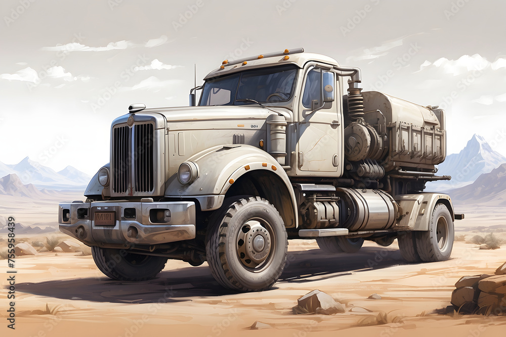 An iconic semi-truck is depicted in a vast desert, representing themes ...