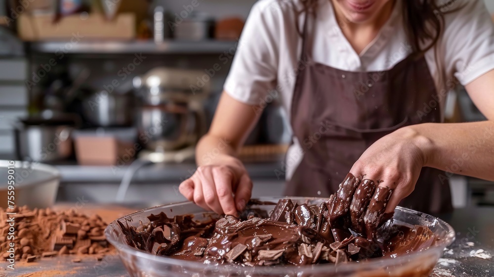 Young woman making artisan chocolate in kitchen filled with natural ...