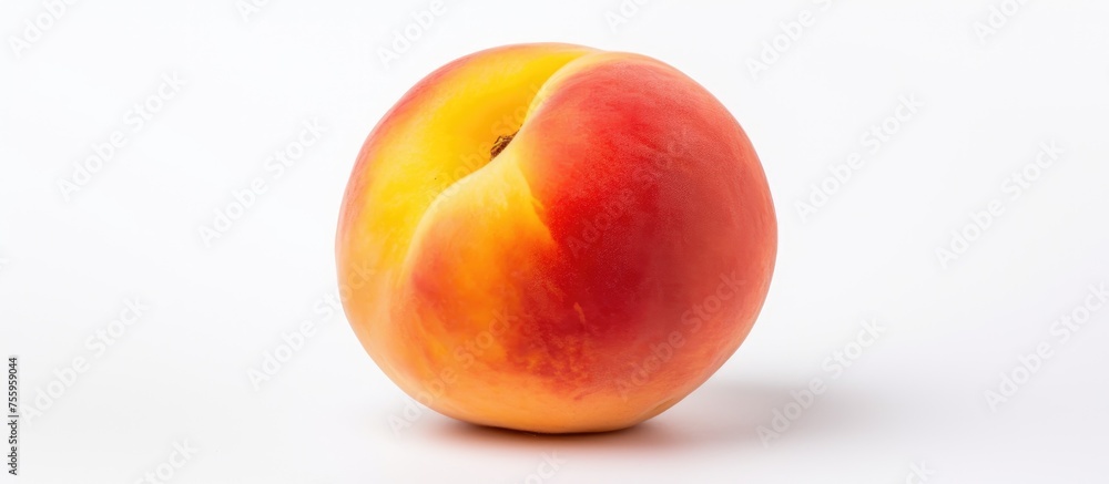 A close up of a ripe peach, a staple food produced by plants, on a ...