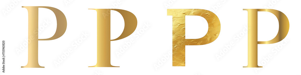 Gleaming Gold color lettering, alphabet, logotype, letter P isolated on ...