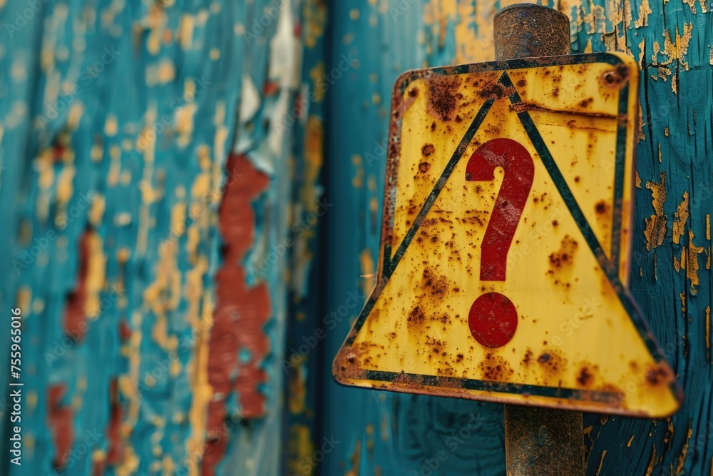 An old rusted sign featuring a question mark symbol. Ideal for use in ...