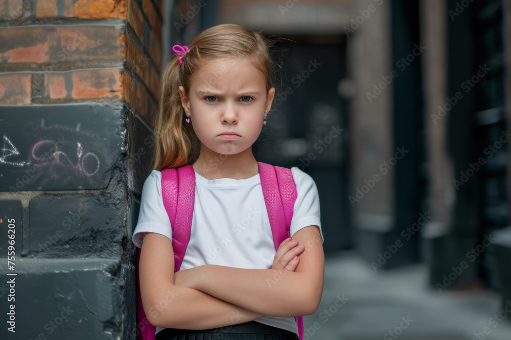Little grumpy girl standing with her arms crossed in front of school in ...