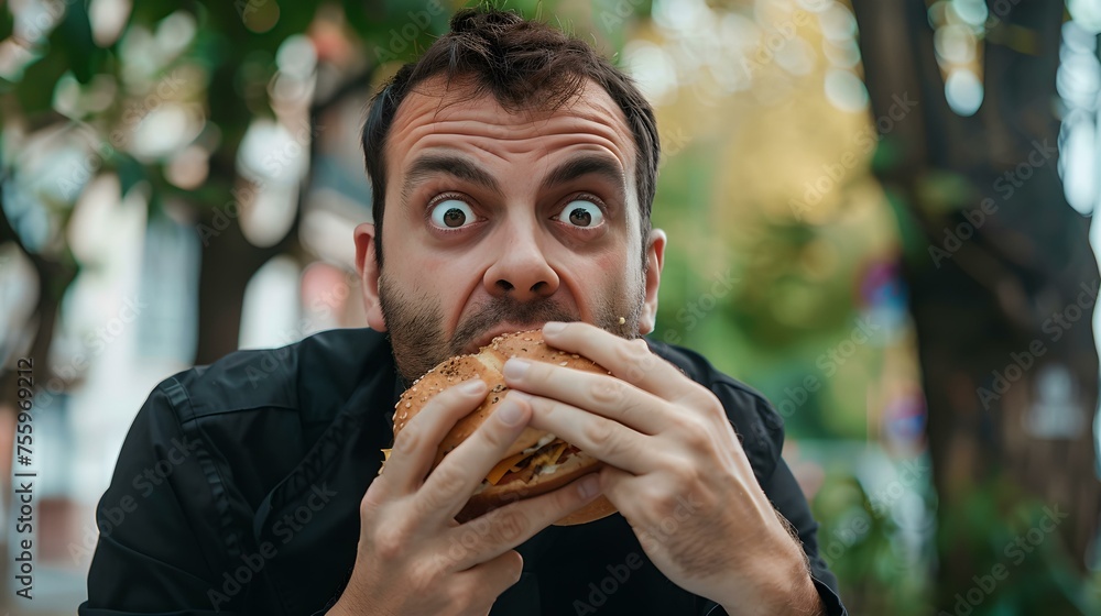 Man eagerly biting into a burger outdoors, expressing surprise and ...