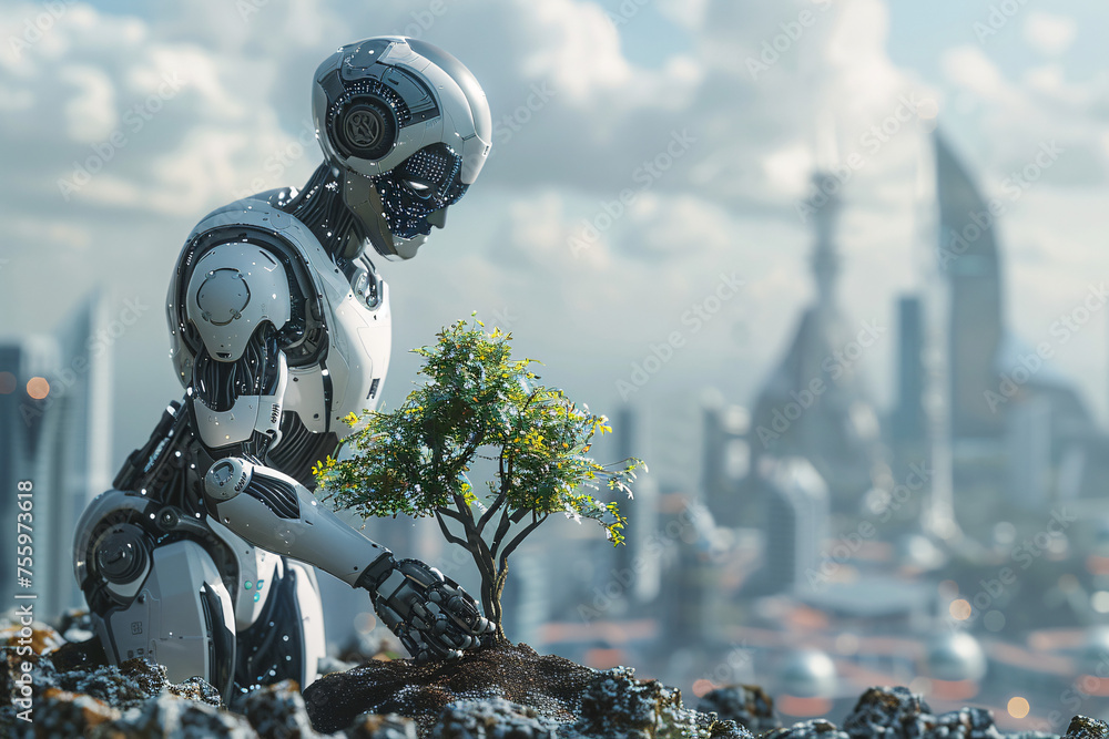 Robot planting a tree on a barren land with a futuristic city ...