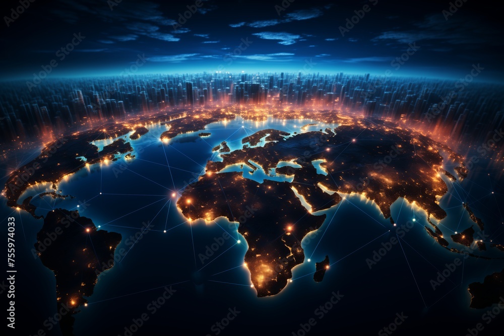 A detailed map of the world with lights highlighting major cities and ...