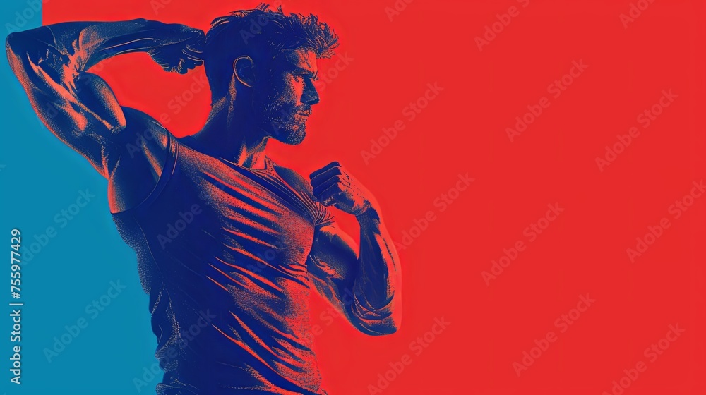 Young muscular bodybuilder guy demonstrates his muscles. Champion ...