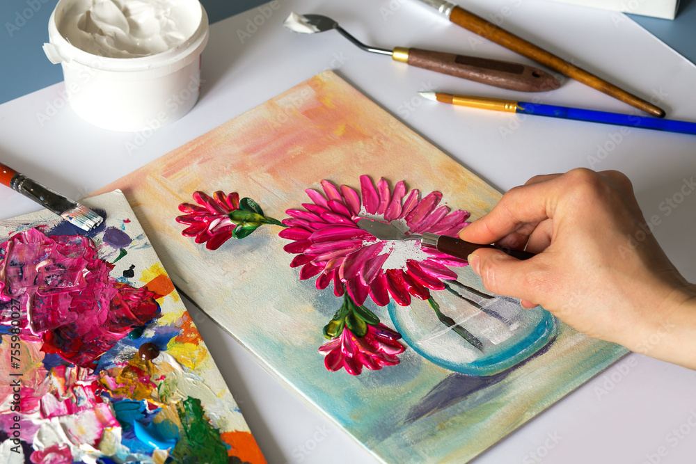 Acrylic painting of flowers in a vase. Acrylic painting at home with ...
