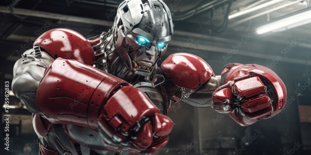 red humanoid-type robot is efficiently working on a plant dedicated to ...