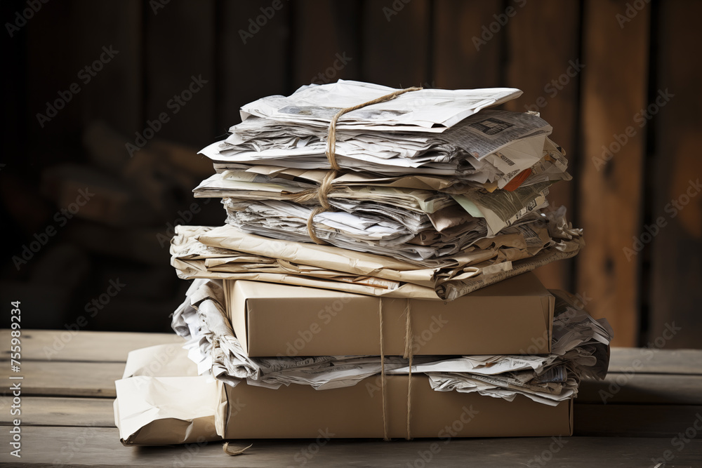 Stack of papers and paper packaging collected at home or at an office ...