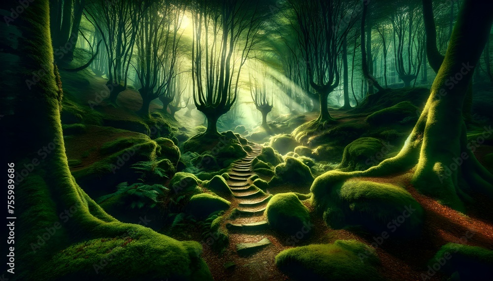 Enchanted forest pathway with mystical light and lush greenery Stock ...