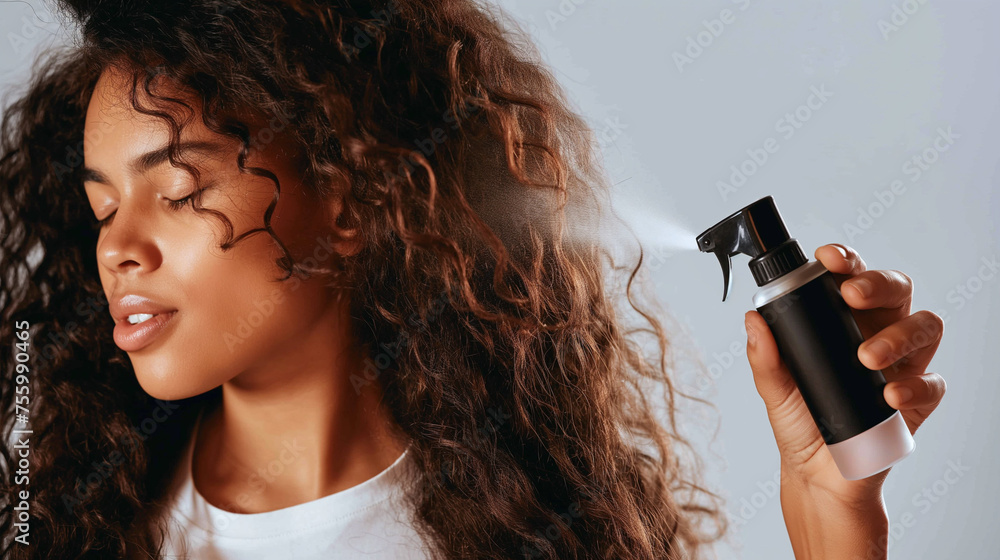 Portrait of a beautiful happy smiling woman applying hair spray to her ...