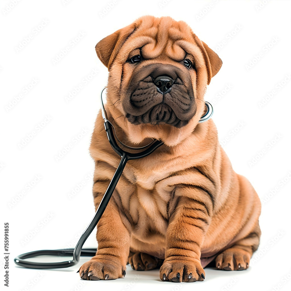 Cute Shar Pei puppy dog with stethoscope on his neck as veterinarian ...