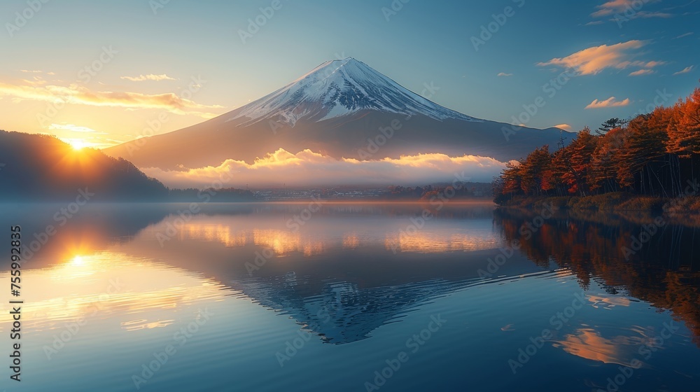 The highest mountain in Japan, Fujisan mount, reflected in water with ...