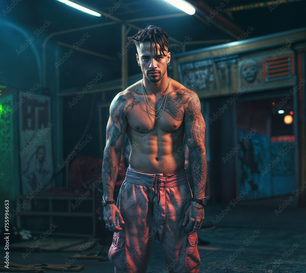 Young male gang member on the alley streets of Brazil, A shirtless man ...