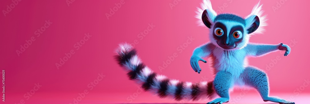 Animated lemur with lively expression dancing on a vivid pink ...