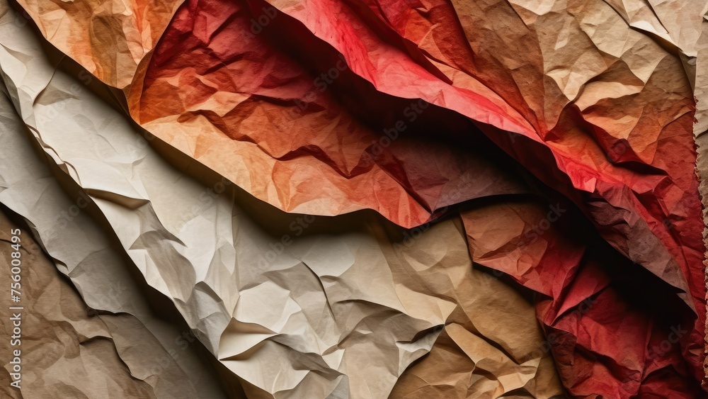 Crumpled paper texture, strokes of red and brown aquarelle watercolor ...