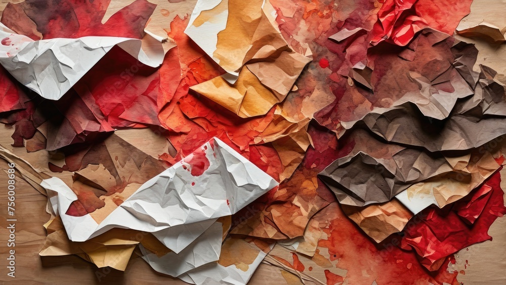 Crumpled paper with red and brown aquarelle watercolor paint strokes ...