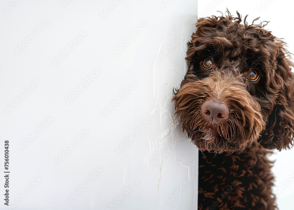 Curious chocolate Labradoodle peeking around the corner with expressive ...