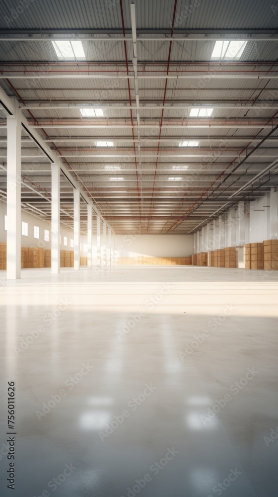 Bright warehouse with high ceilings and neatly stacked products ...
