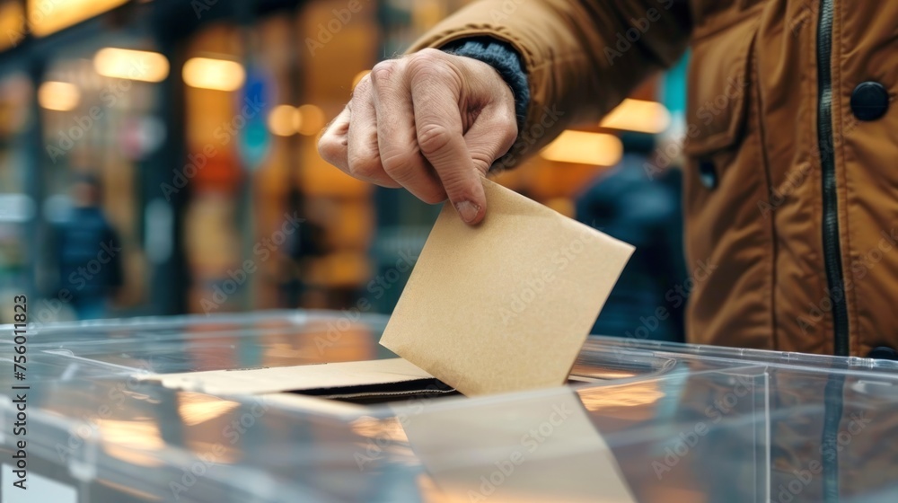 Male hand placing ballot into voting box at polling station. Mature man ...