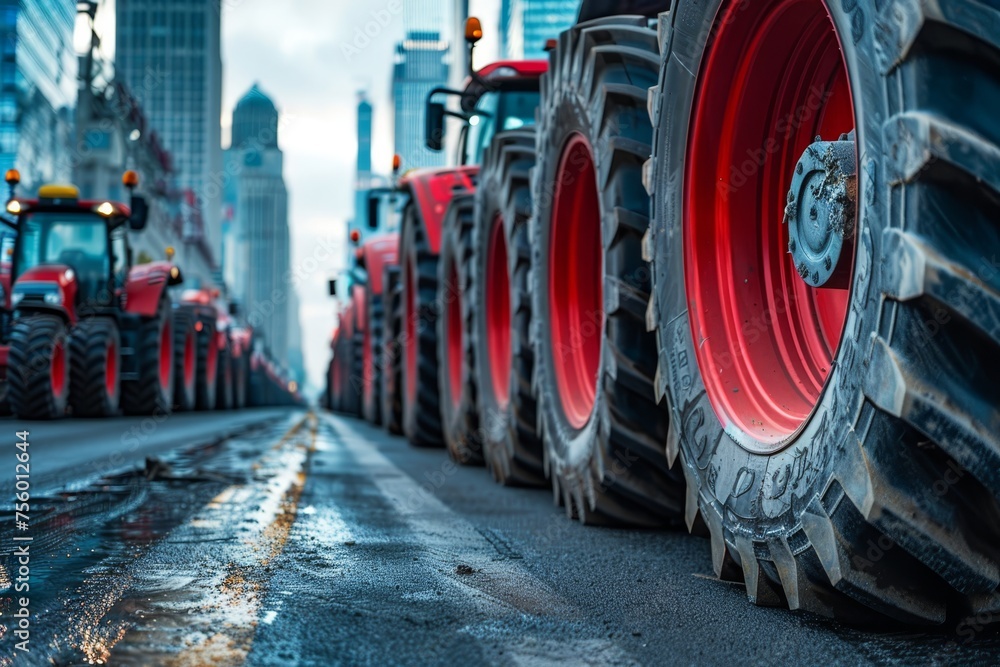 A row of tractors lined the left and right sides of the road, with a ...