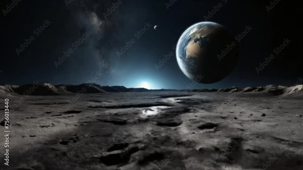 Lunar landscape in cool blue tones. View from the cold surface of the ...