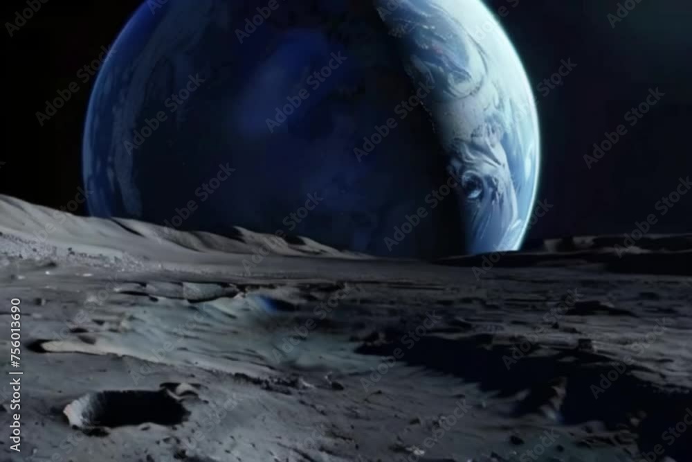 Lunar landscape in cool blue tones. View from the cold surface of the ...