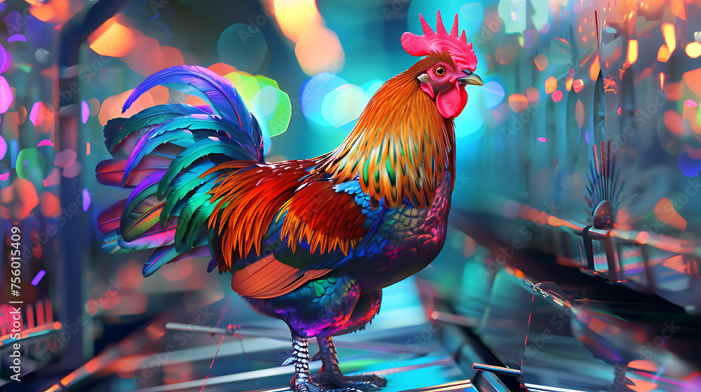 A modern chicken struts confidently in a sleek, futuristic coop, its ...