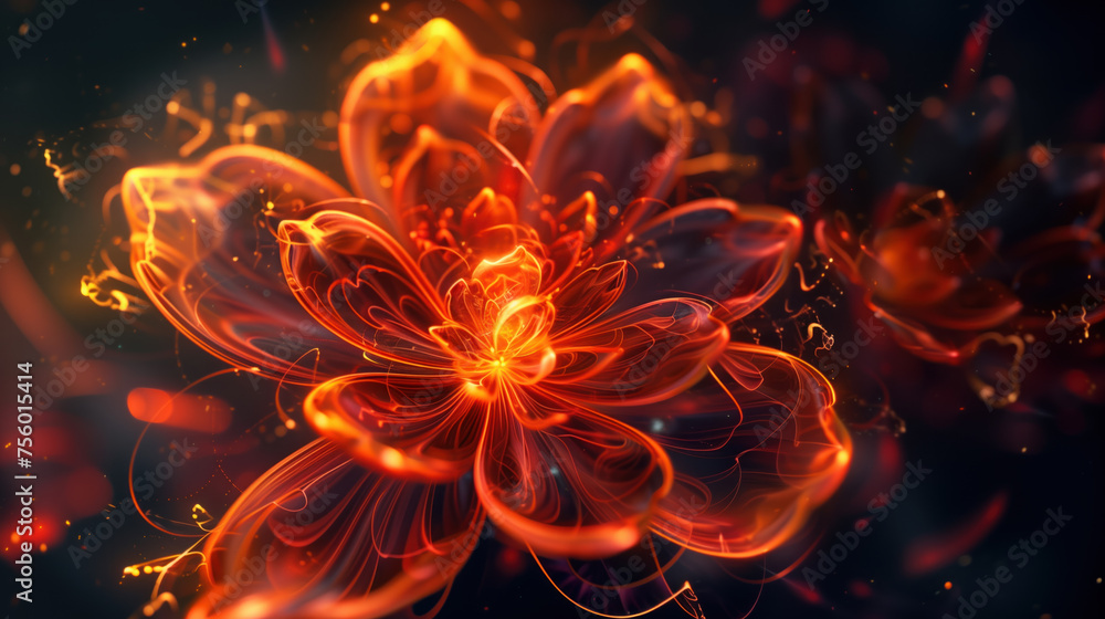 Beautiful fiery flower on a dark background. Digital art. The image is ...
