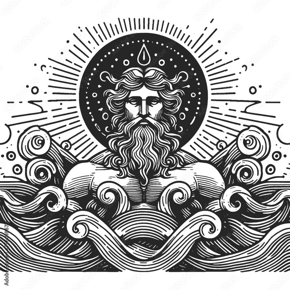 Poseidon god of the sea, holding a trident amidst ocean waves sketch ...