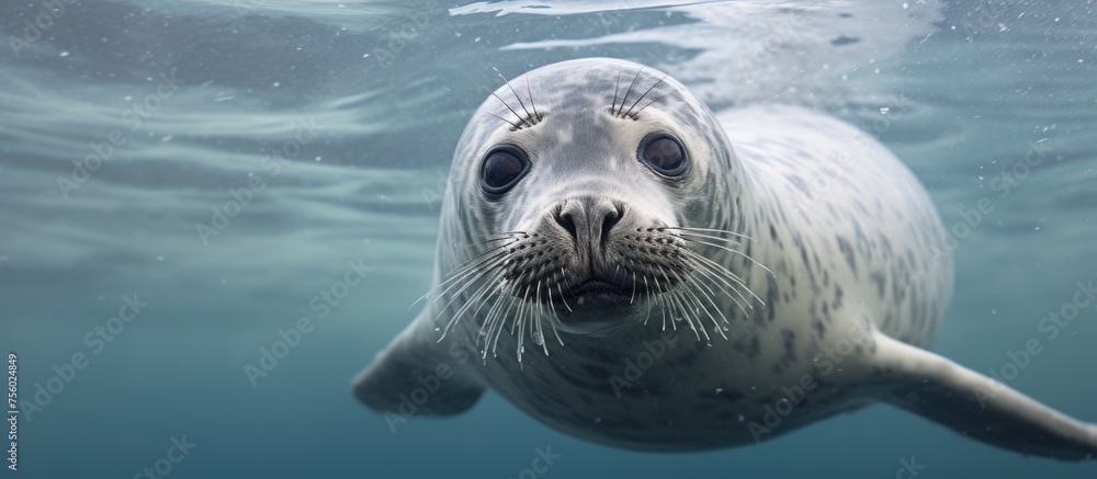 A Bearded Seal, a carnivorous marine mammal, is gracefully swimming in ...