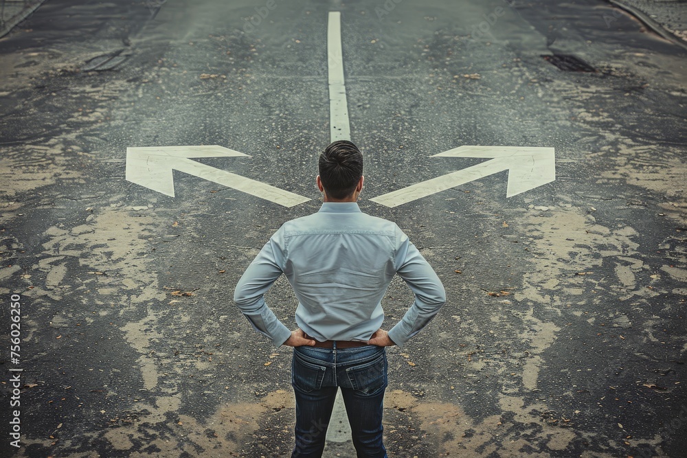 Confident man, hands on hips, stands in front of a crossroad with road ...
