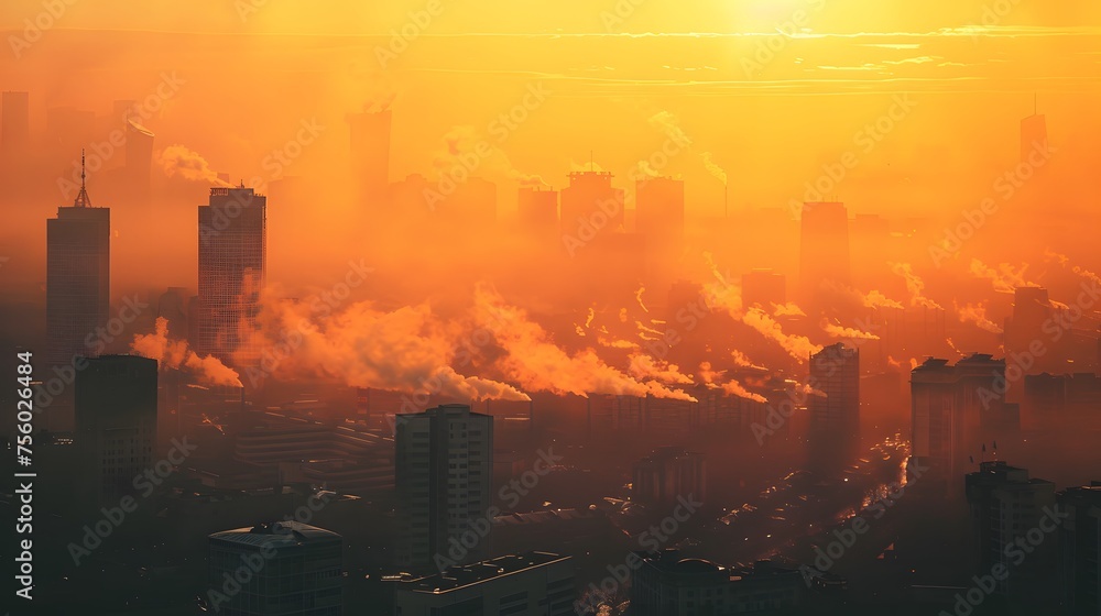 Foto de Air pollution. Smog and fine dust of pm2.5 covered city in the ...