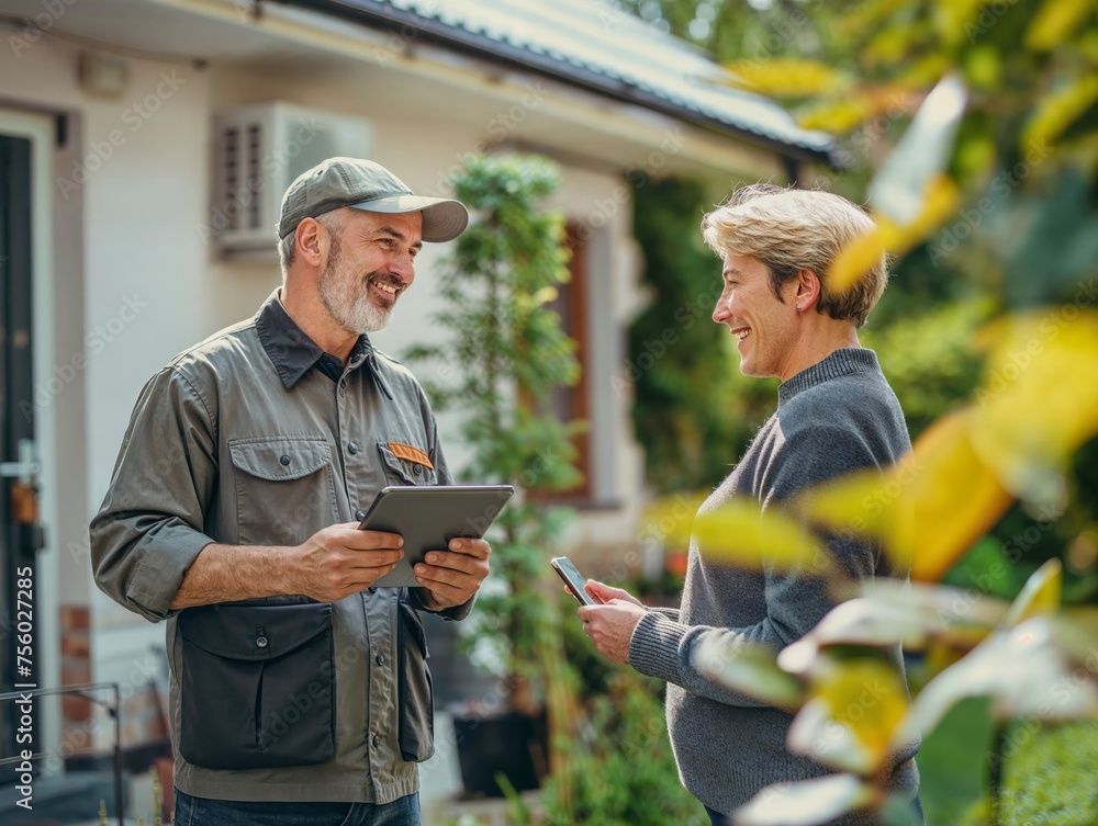 Lawn arborist technician installer worker talking to customer making a ...