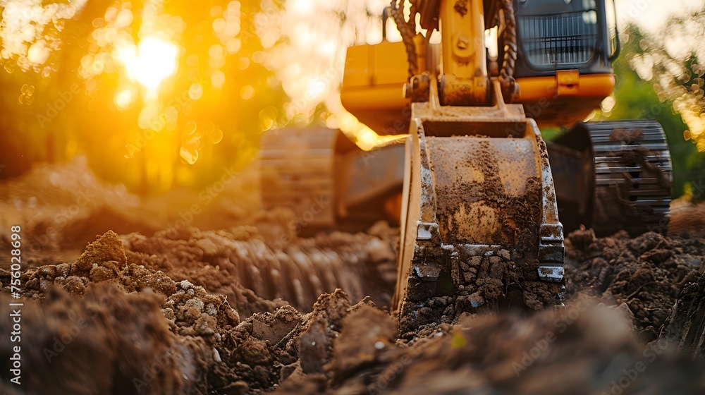 Closeup bucket of backhoe digging the soil at construction site ...