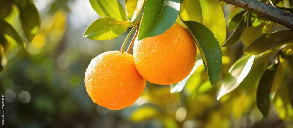 Two mandarin oranges are hanging from a Rangpur tree branch. This ...