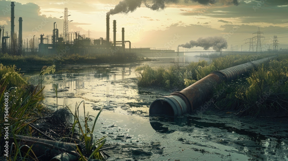 dirty water pollution. Industrial and factory wastewater discharge pipe ...
