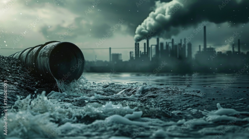 dirty water pollution. Industrial and factory wastewater discharge pipe ...